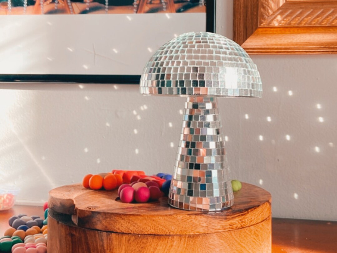 Mini Disco Mushroom, Small Mirror Ball Party Decor, Silver Disco Tile ...