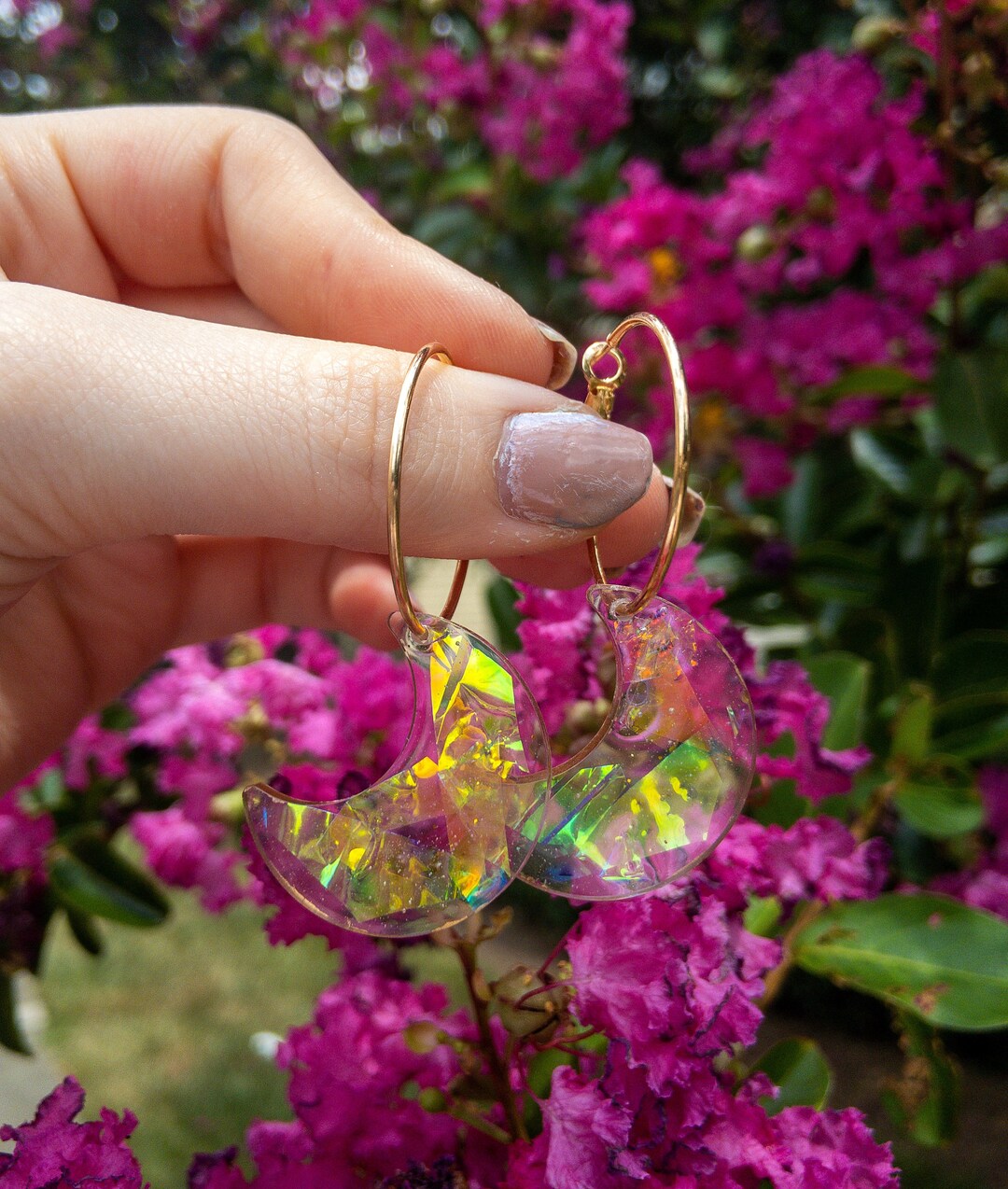 Holographic Moon Hoop Earrings, Custom Resin Lightweight Jewelry, Clear ...