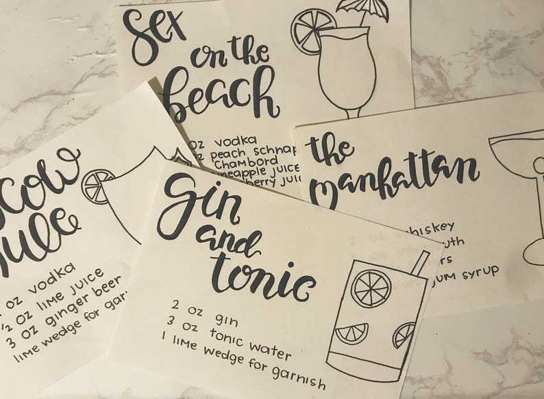 Hand Lettered Drink Recipe Cards Cocktail Bar Cart Decor | Etsy