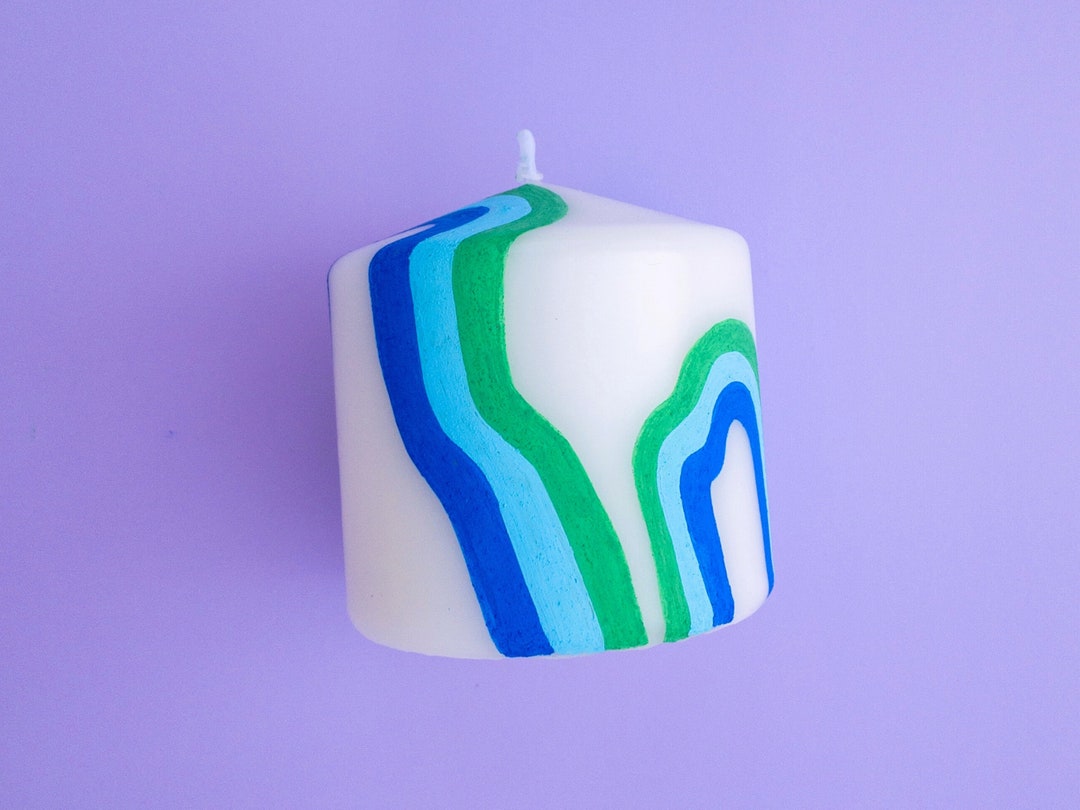 Painted Modern Blue Line Print Pillar Candle, Decorative Linear Pattern ...