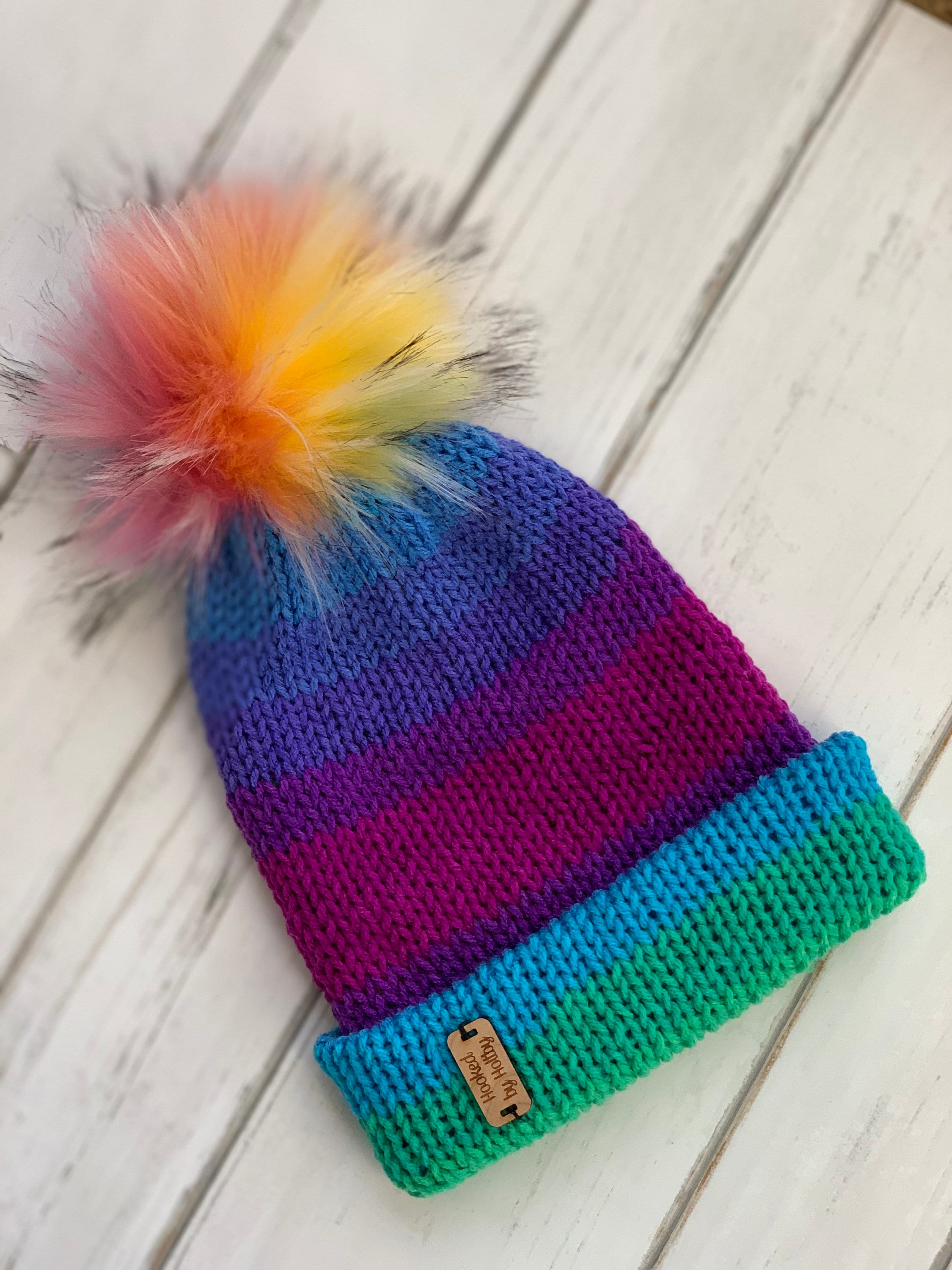 Knitted Rainbow TikTok Evil Twin Beanie, Pom Pom Winter Hat, Colorful ...