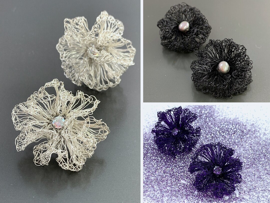 Wire Crochet FLOWER Earrings - Colored Copper Wire With Stainless Steel ...