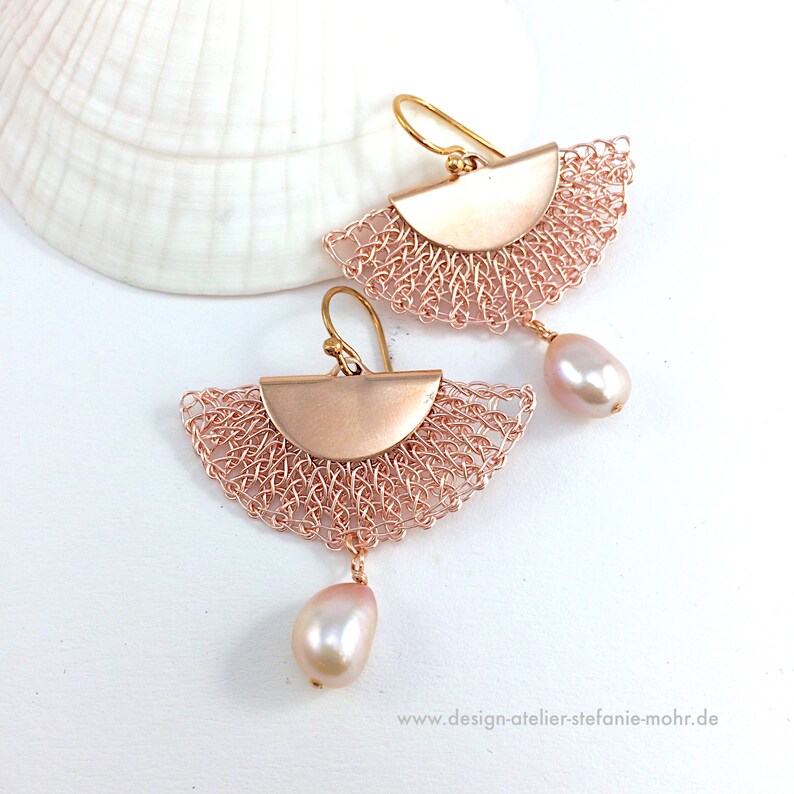Finger Knitted Rose Gold Colored Earrings With Freshwater Pearls - Etsy
