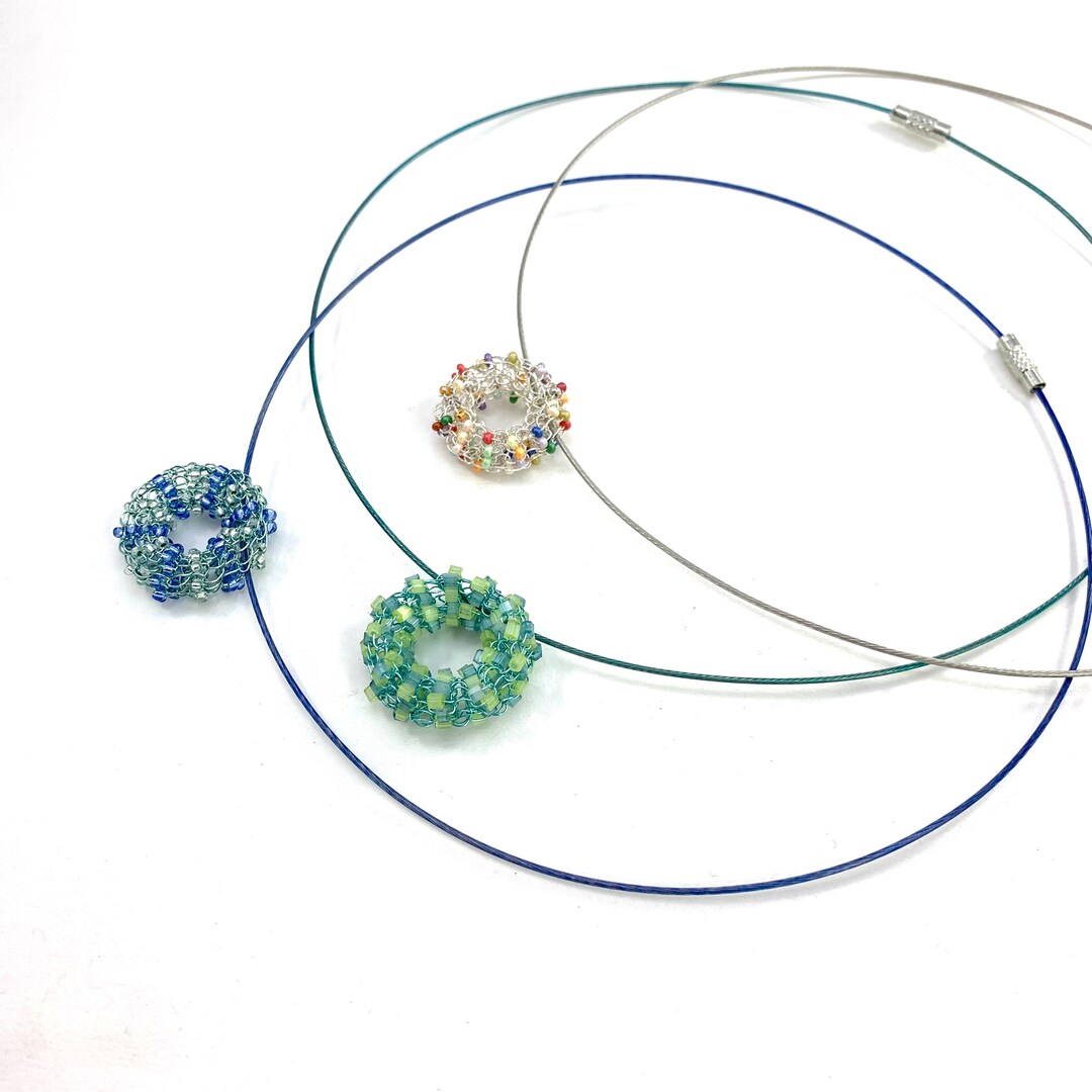 Wire Crochet Colored Copper Wire Donut/ring Necklace With Glass Beads ...