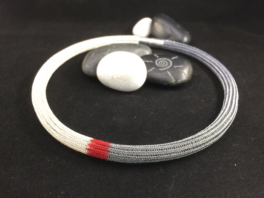 Hand Made Double Wire Crochet Tricolor Tube Necklace Silver/dark Grey ...