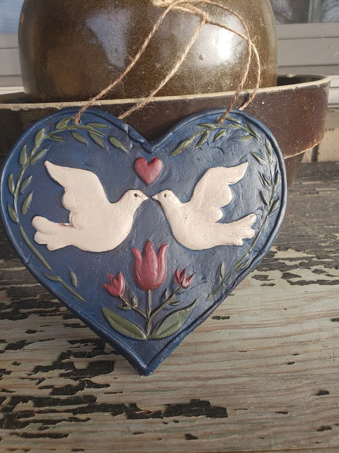 Primitive Folk Art Heart With Doves - Etsy