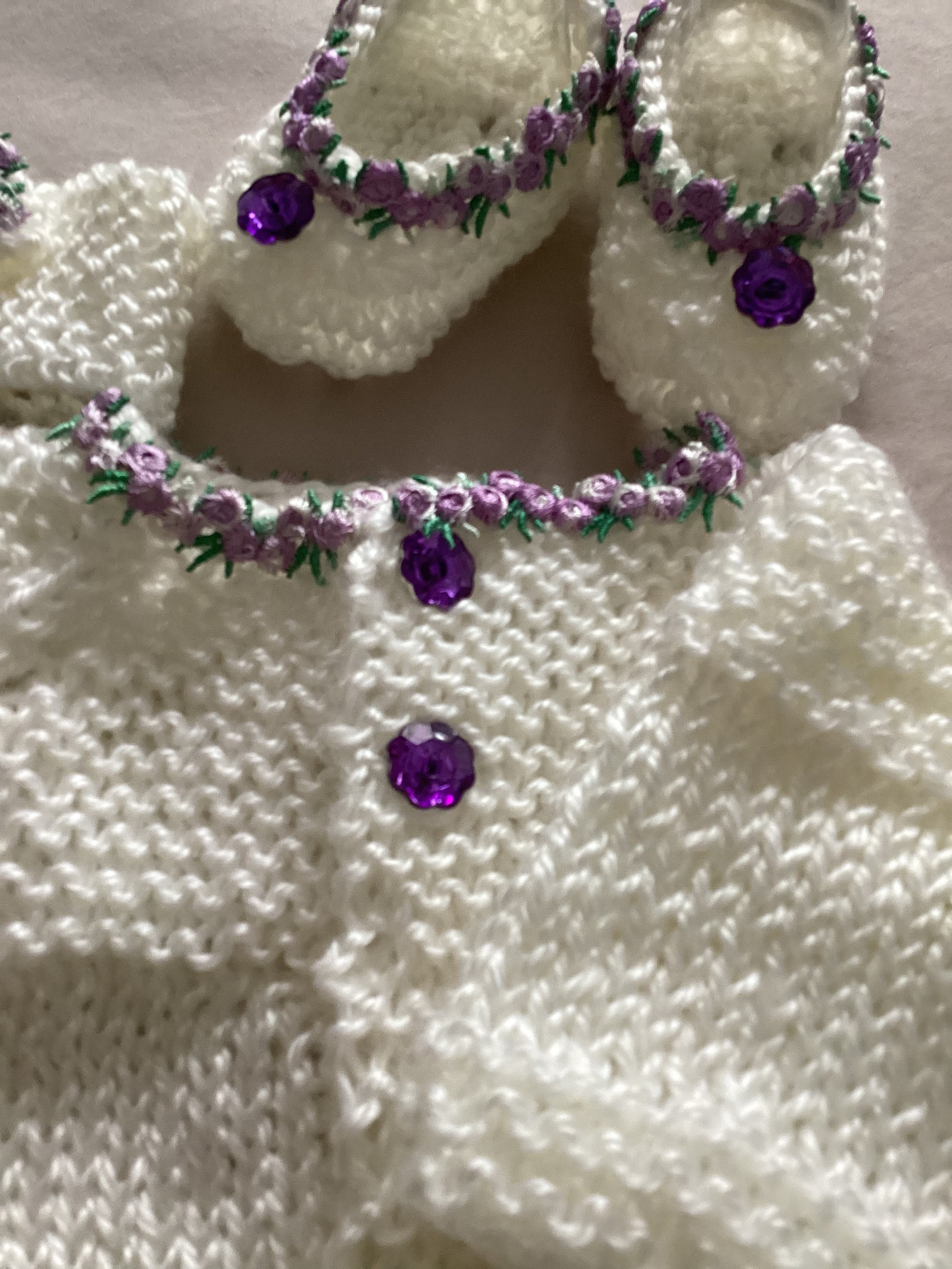 Pretty Newborn Sweater Set in White With Purple Accents. - Etsy