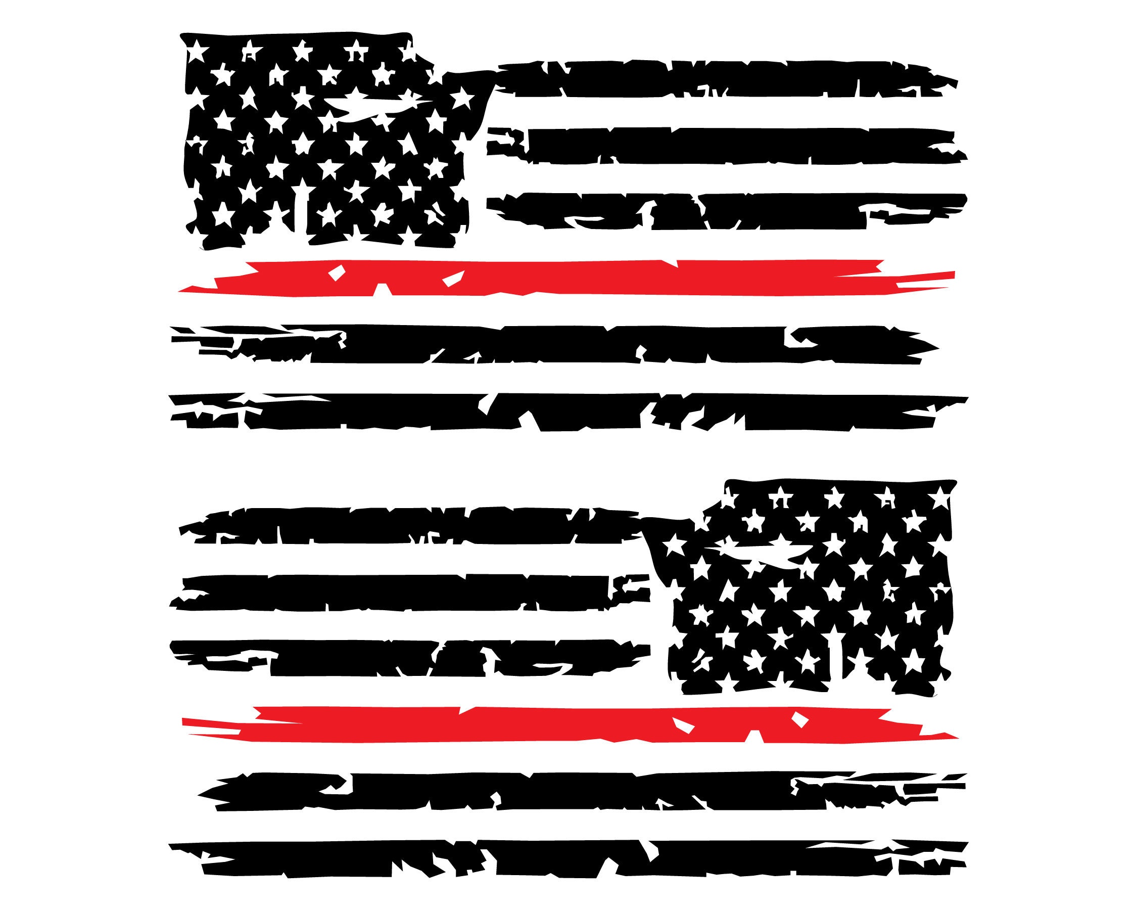 Set of 2 Distressed Tattered USA American Flag With Fire Fighter Thin ...