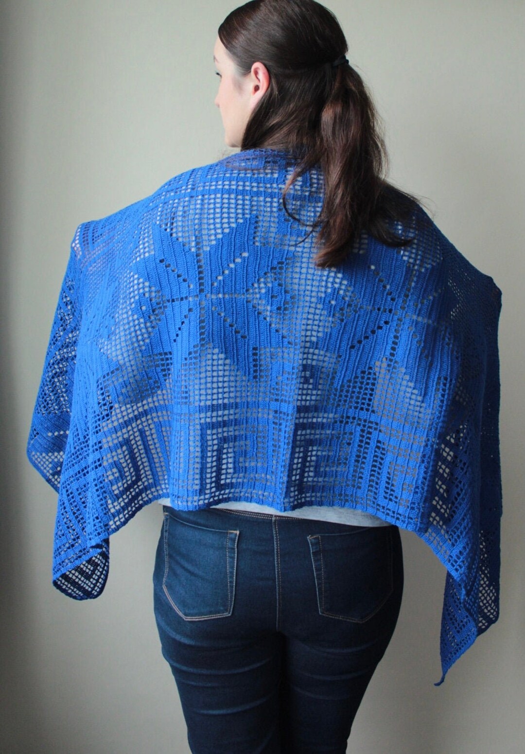 Fillet Crochet Shawl/ Fillet Crochet Wrap Pattern/ Electric Blue ...