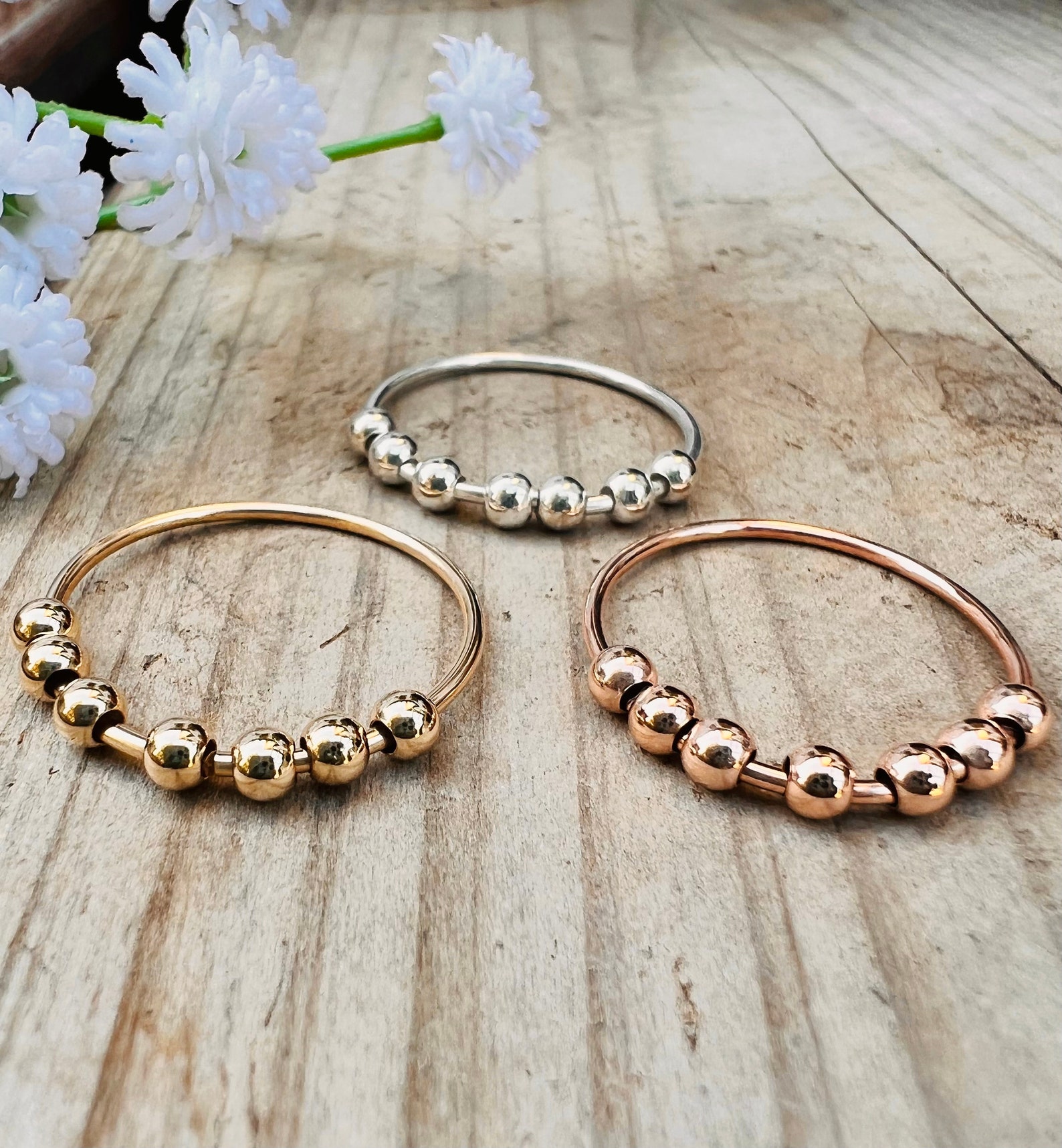 Anxiety Ring/bead Stacking Ring With Seven Beads/fidget - Etsy