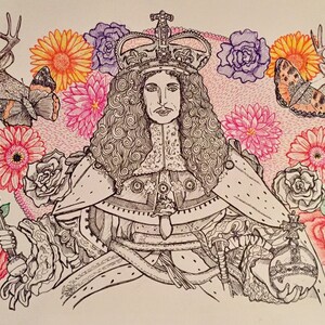 King Charles II Pen Drawing. Illustarted Royalty Coloured Pen Drawing ...