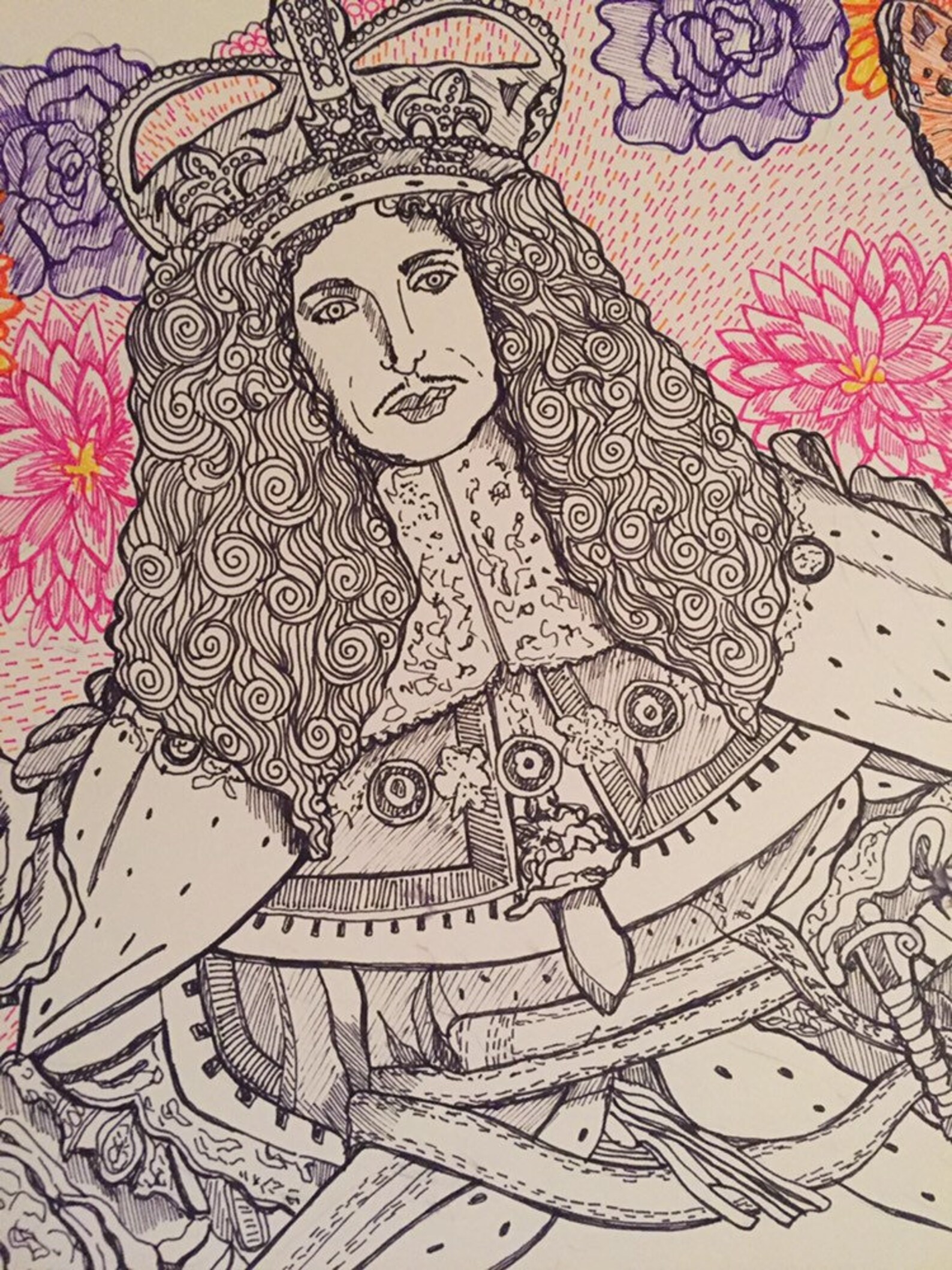 King Charles II Pen Drawing. Illustarted Royalty Coloured Pen Drawing ...