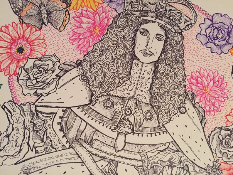 King Charles II Pen Drawing. Illustarted Royalty Coloured Pen Drawing ...