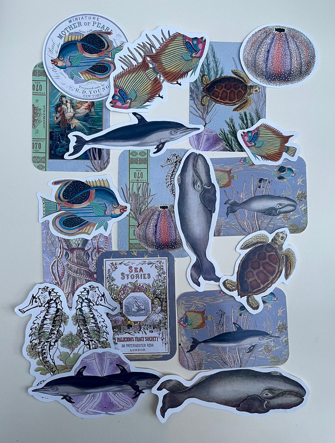 Sea Creatures Stickers. Vintage Style Sea Stickers. Featuring Whales ...