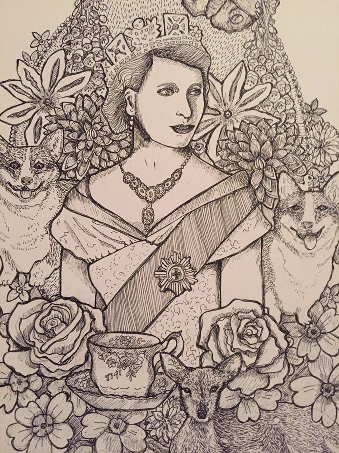 Queen Elizabeth II Pen Drawing With Corgis, 11x16 Floral Art - Etsy