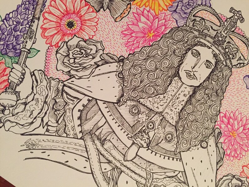 King Charles II Pen Drawing. Illustarted Royalty Coloured Pen Drawing ...