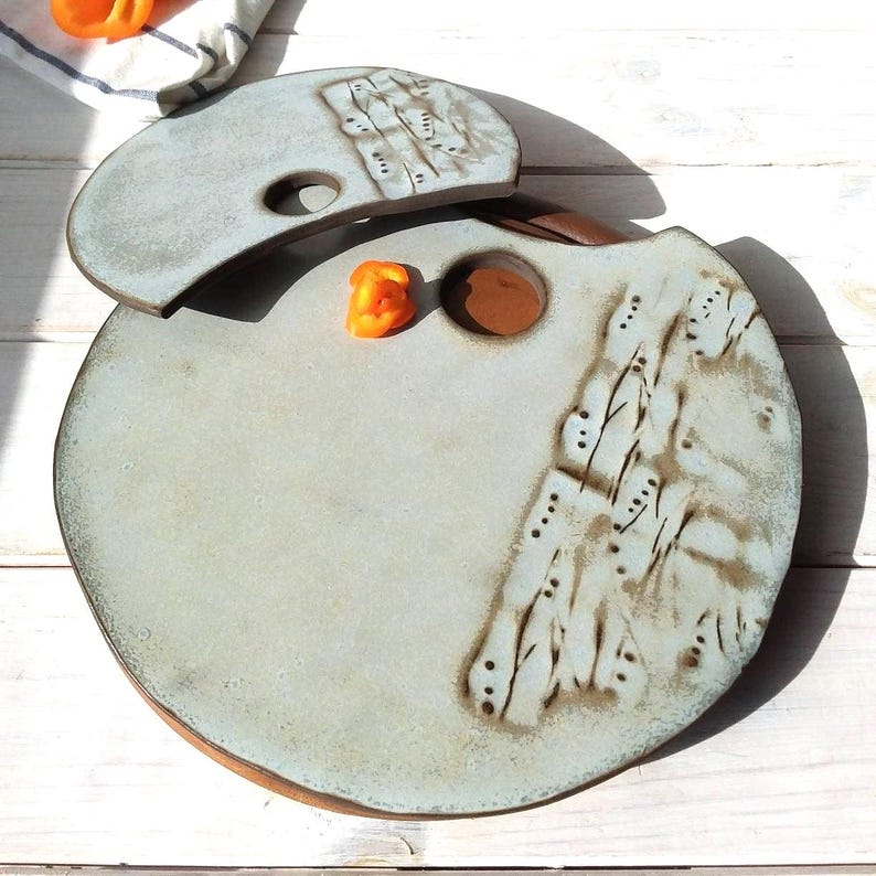 SET OF TWO Modern Round Serving Trays, Blue Gray Ceramic Cheese Boards ...