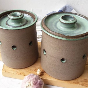 Large Ceramic Garlic Keeper, Green Gray Garlic Storage Container ...