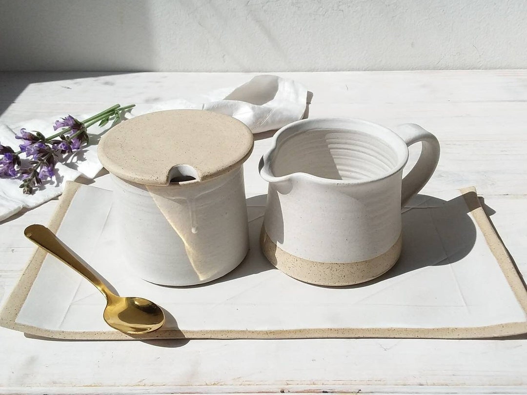 White Ceramic Creamer Set With Tray, Set of Milk Jug, Sugar Bowl and ...