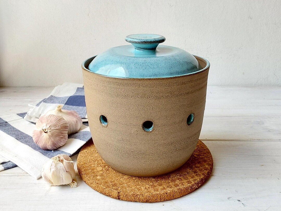 Large Handmade Ceramic Garlic or Onion Keeper, Blue Gray Potato or ...