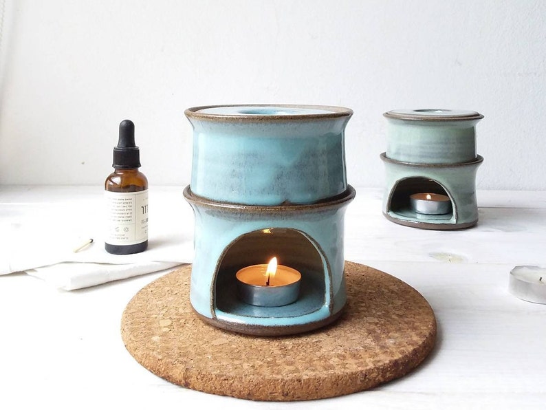 Blue and Gray Ceramic Oil Diffuser, Handmade Green and Gray Essential ...