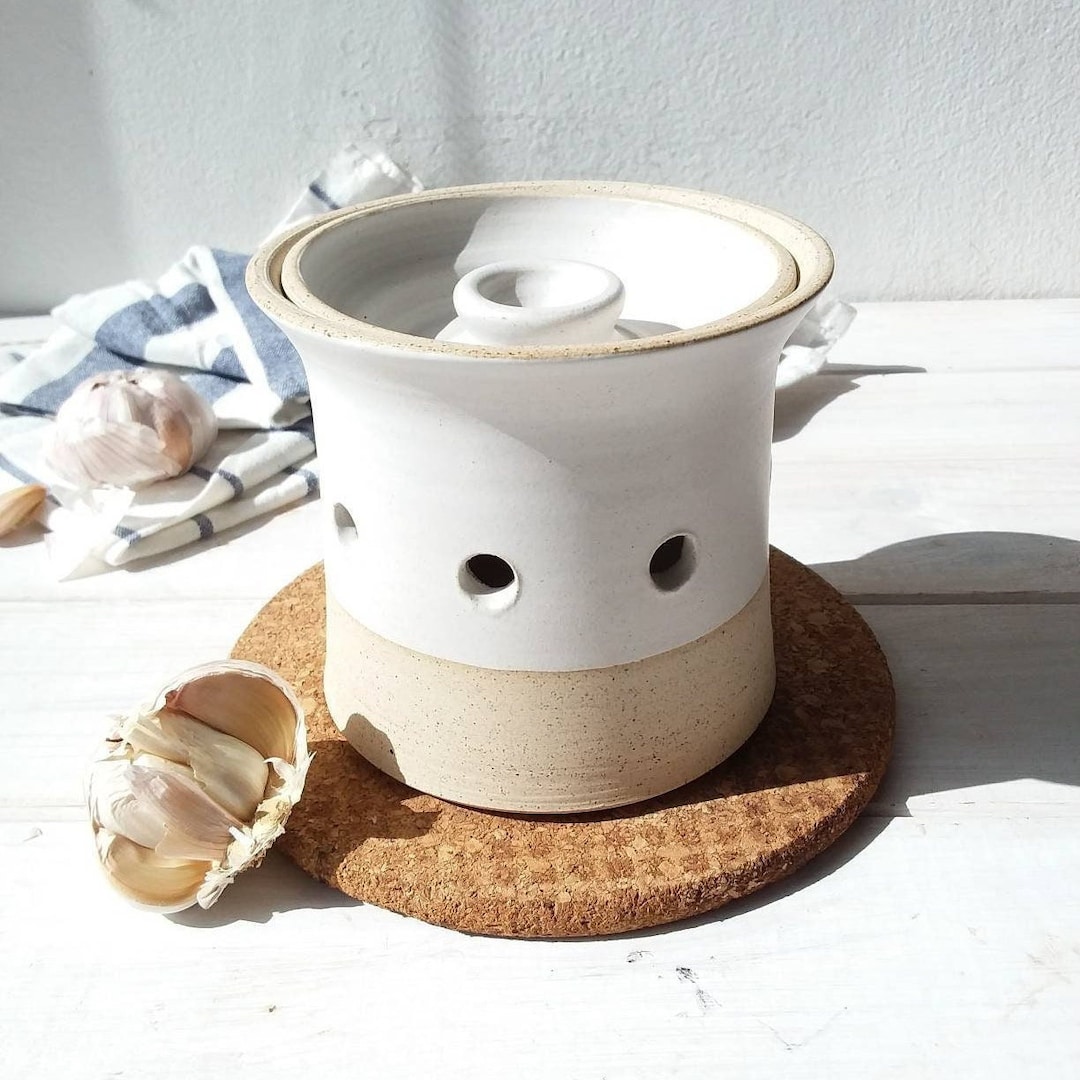 White Ceramic Garlic Keeper, White and Beige Garlic Storage Container ...