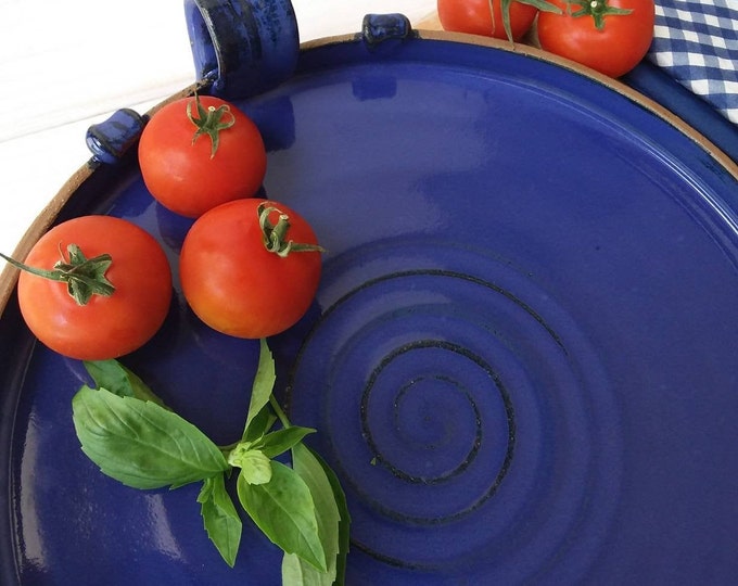 Large Pottery Plate, Ceramic Serving Dish, Pottery Cake Dish, Blue ...