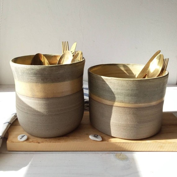 XL Gray and Beige Kitchen Utensil Holder Large Gray Stoneware | Etsy