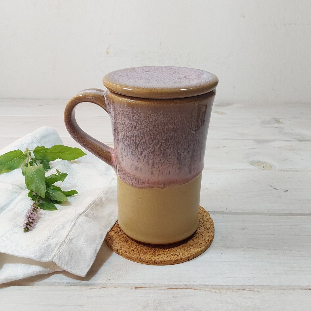 350 Ml Pink Ceramic Mug With Lid, 12 Fl. Oz. Tall Pottery Cup, Modern ...