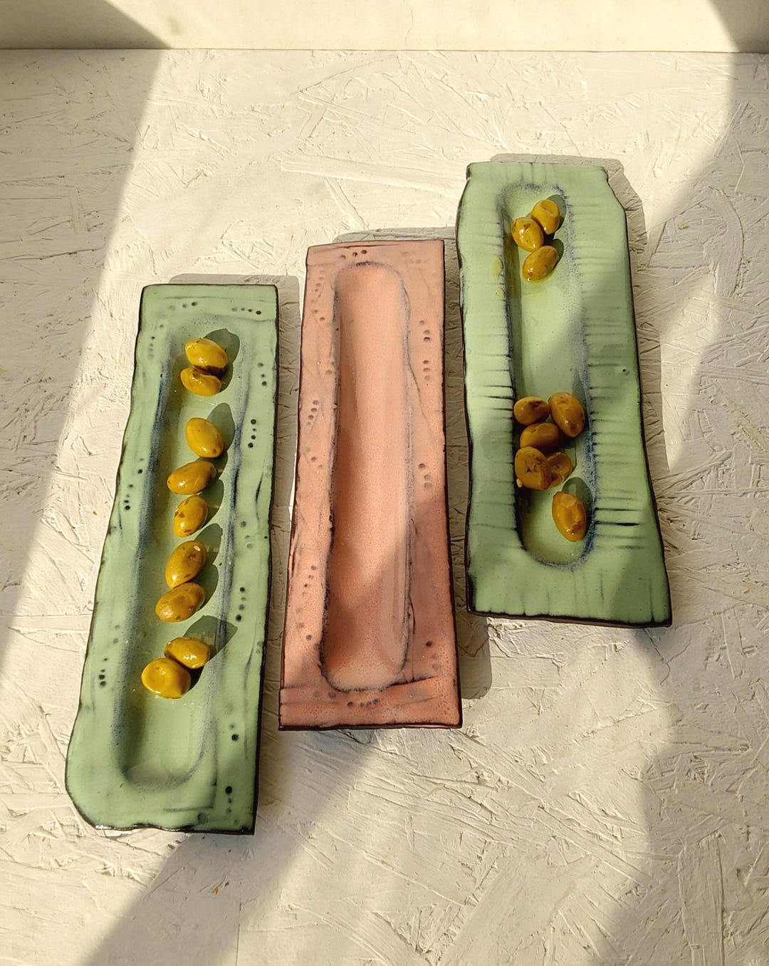 Pink or Green Ceramic Olive Boat, Ceramic Olive Tray, Modern Olive Server, Stoneware Serving ...