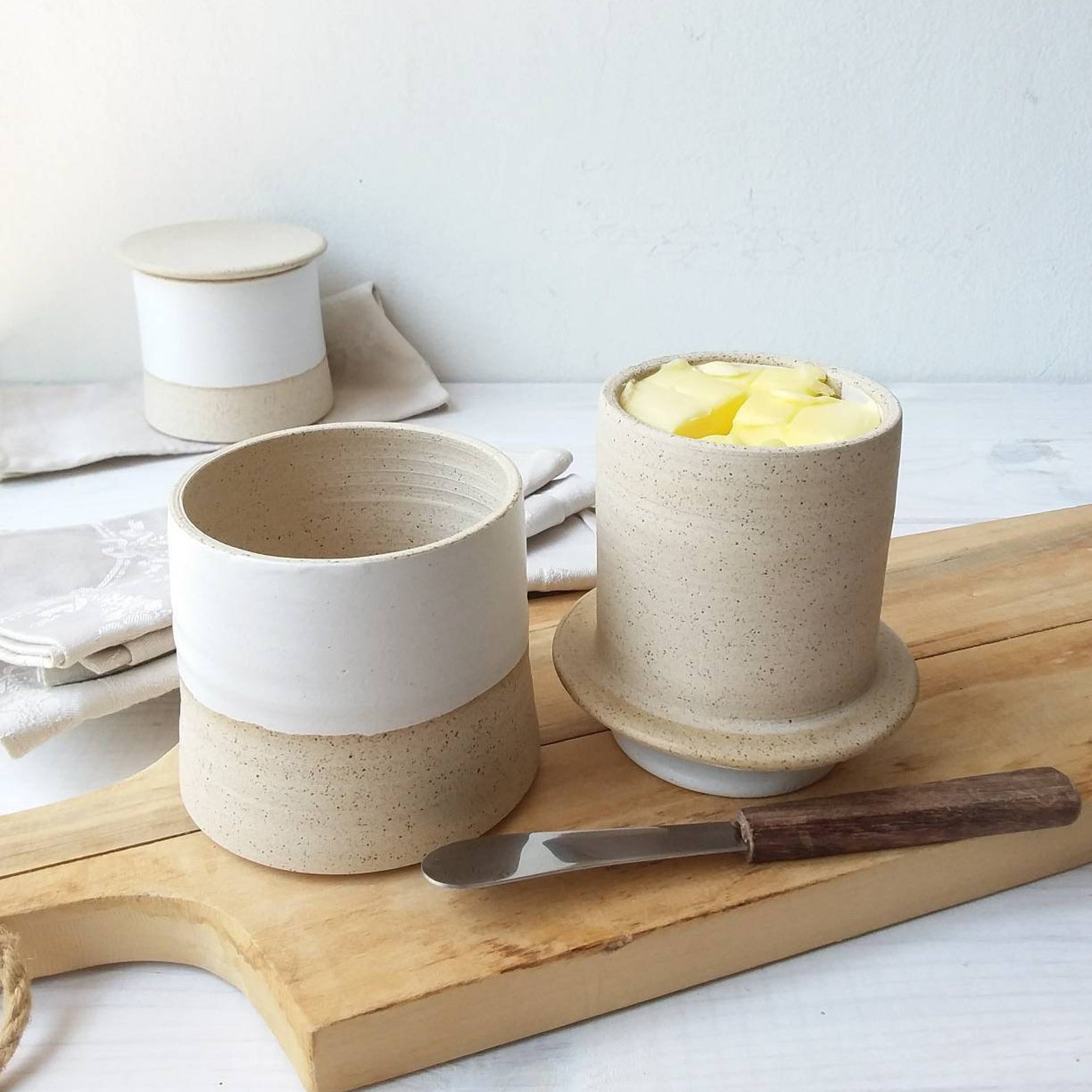 French Butter Crock Rustic White Butter Keeper with Handle | Etsy