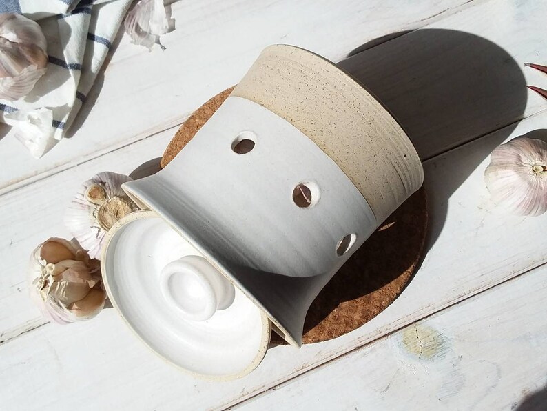 White Ceramic Garlic Keeper, White and Beige Garlic Storage Container ...