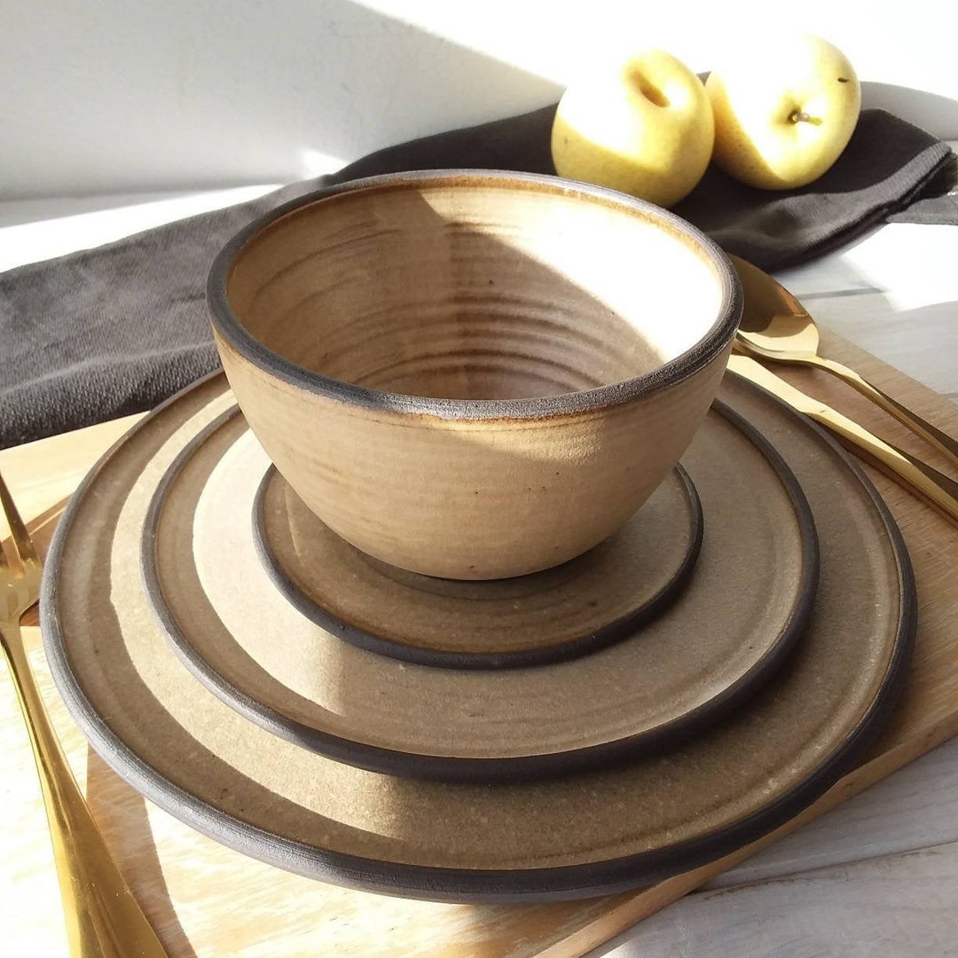 Beige and Black Stoneware Dinner Set, FOUR PIECE CERAMIC Dinner Set - Etsy