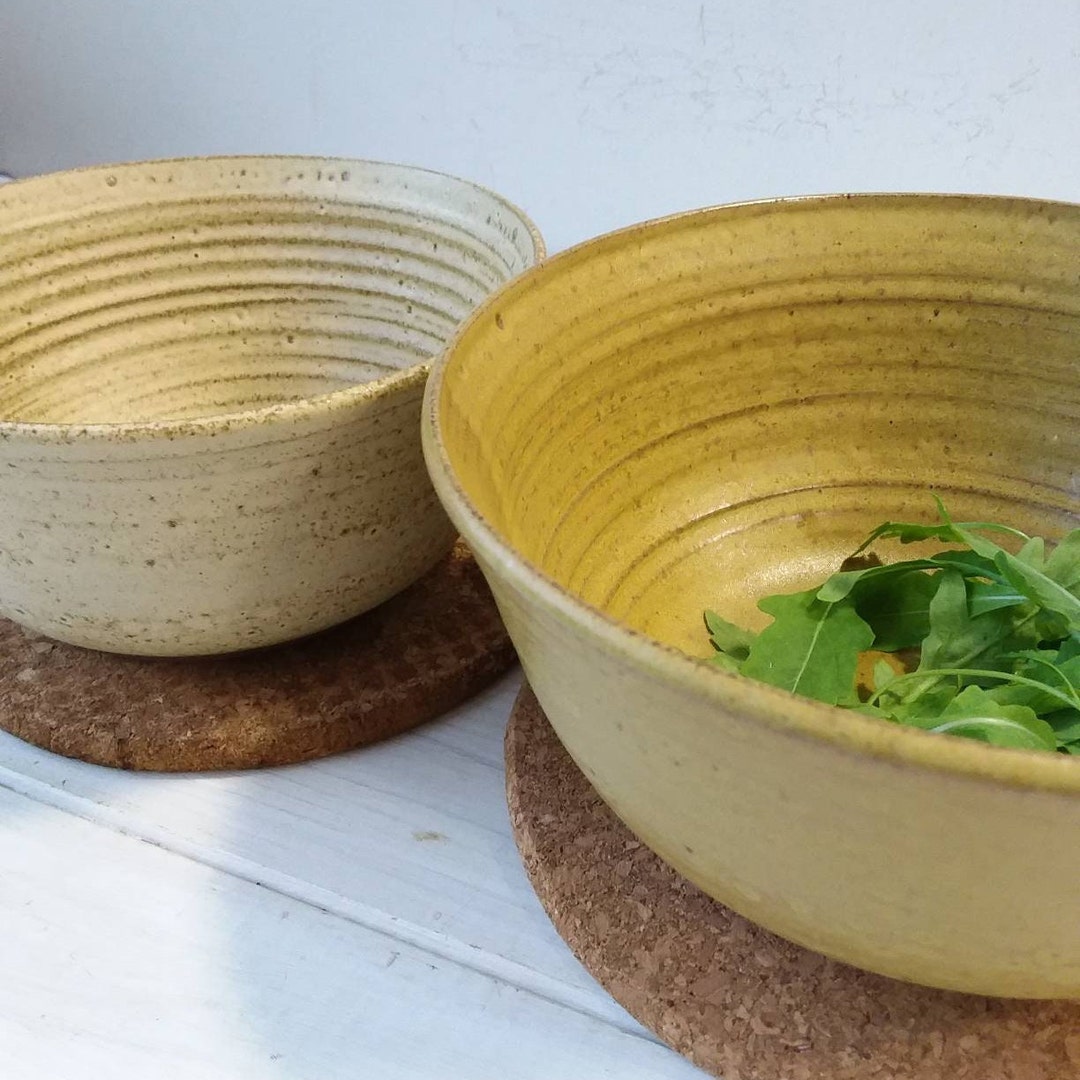 Beige and Gold Stoneware Bowl Set, SET OF TWO Nested Pottery Bowls ...