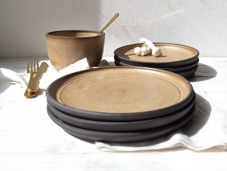 Brown and Black Stoneware Dinner Set, THREE or TWO PIECE Ceramic Dinner ...
