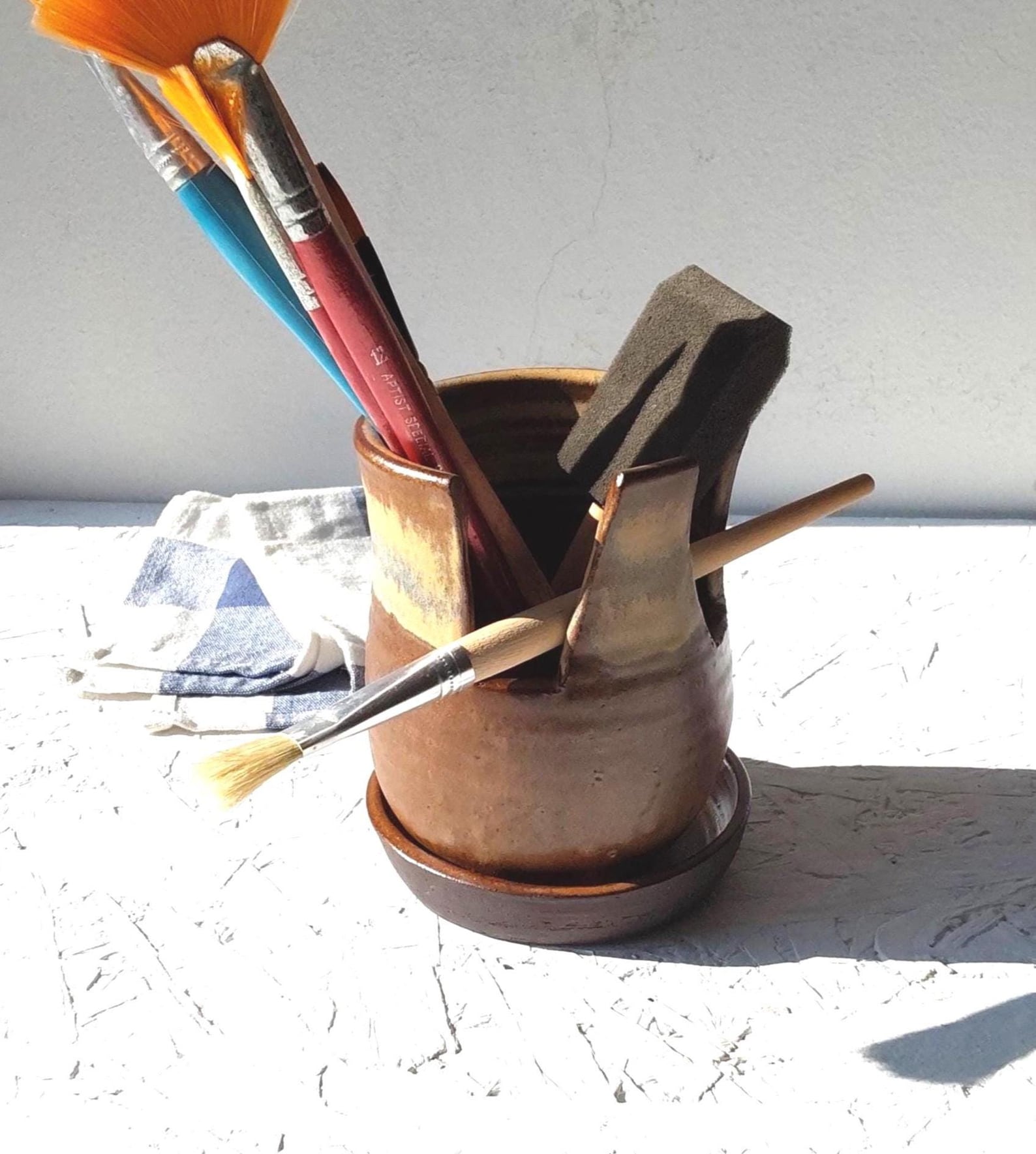 Makeup Brush Holder, Ceramic Brush Holder, Ochre Pottery, Brown Brush ...