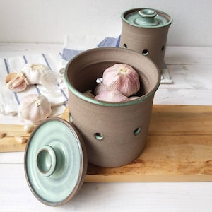 Large Ceramic Garlic Keeper, Green Gray Garlic Storage Container ...