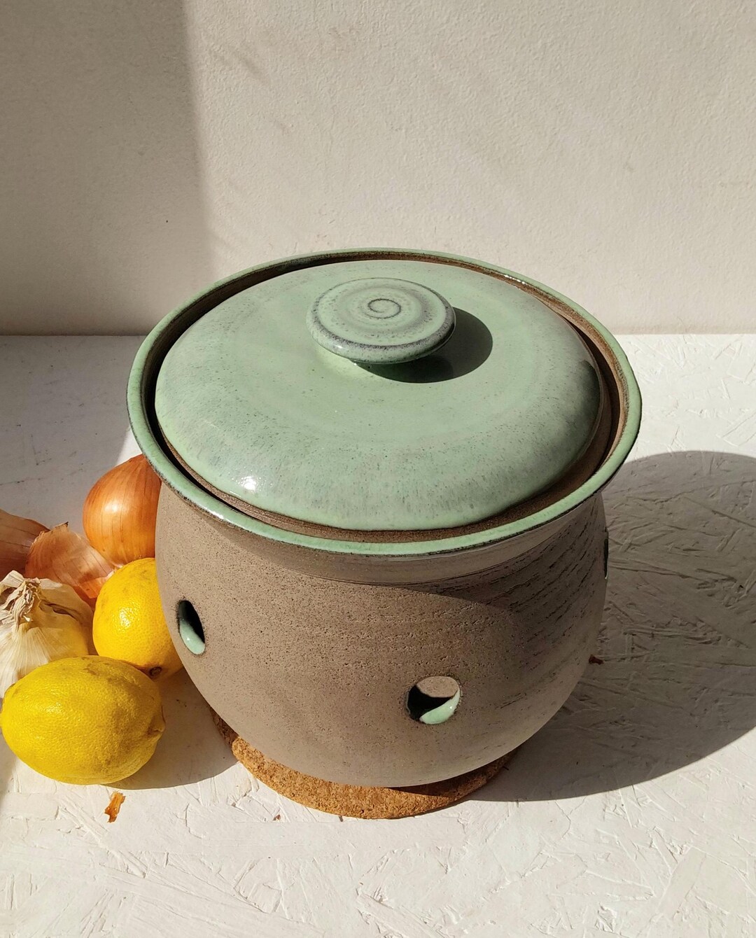 3XL Handmade Ceramic Potato or Onion Keeper, 8" Green Gray Potato or ...