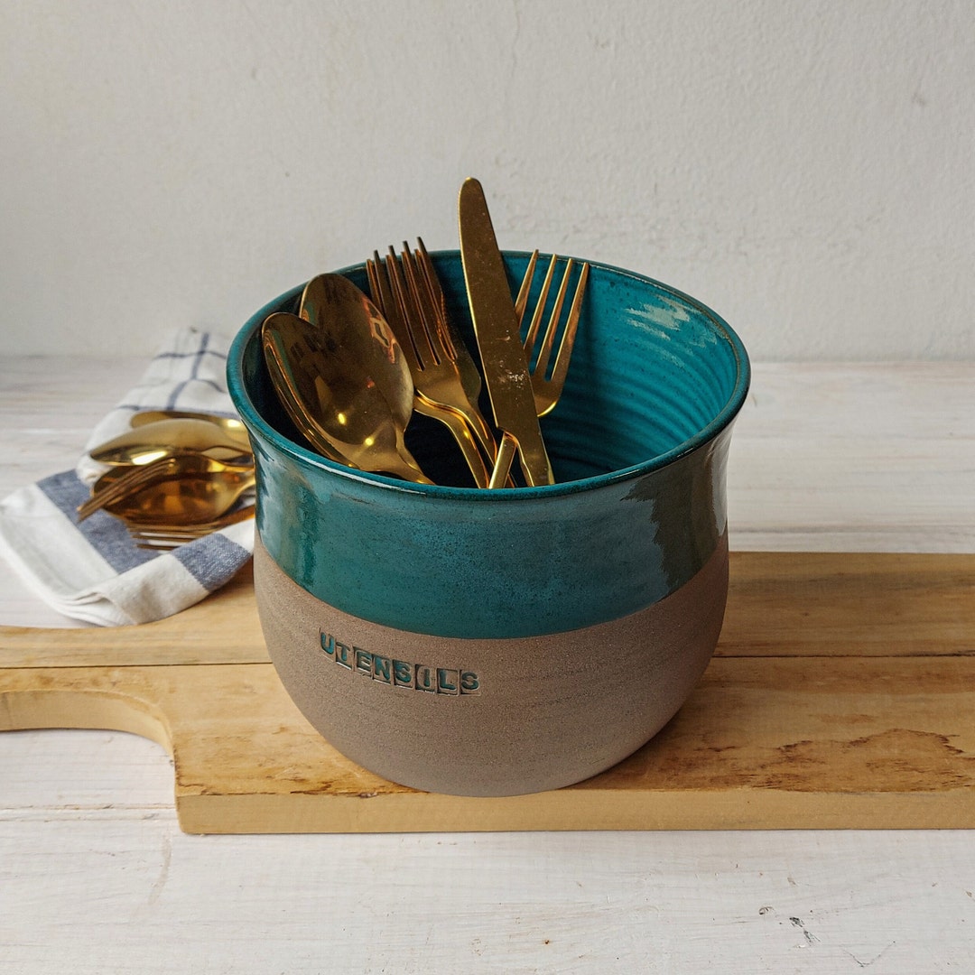 XL Dark Turquoise and Gray Handmade Kitchen Utensil Holder, Large Teal ...