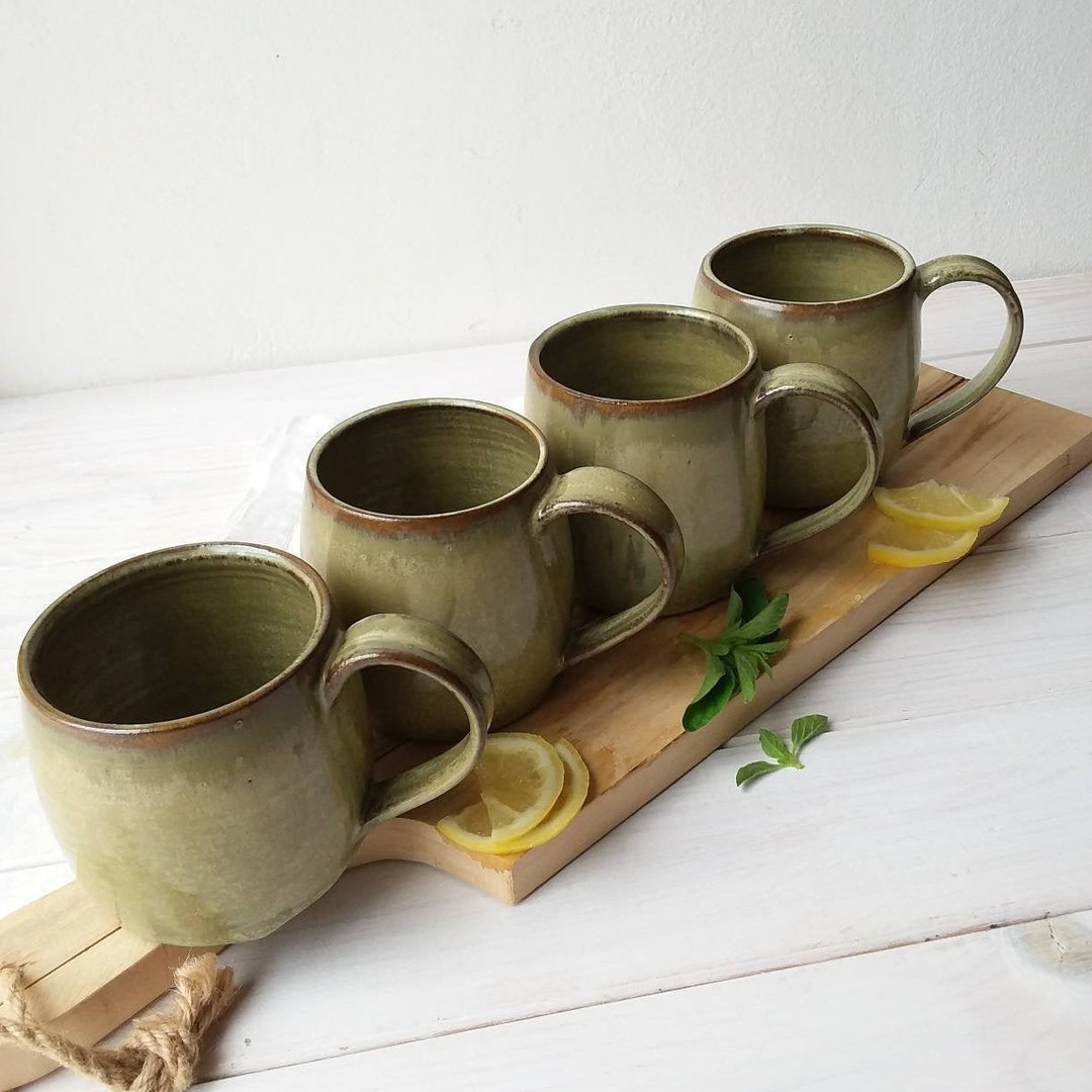SET OF TWO Green Ceramic Mugs, 18 Fl Oz or 20 Fl Oz Green Pottery Mugs ...