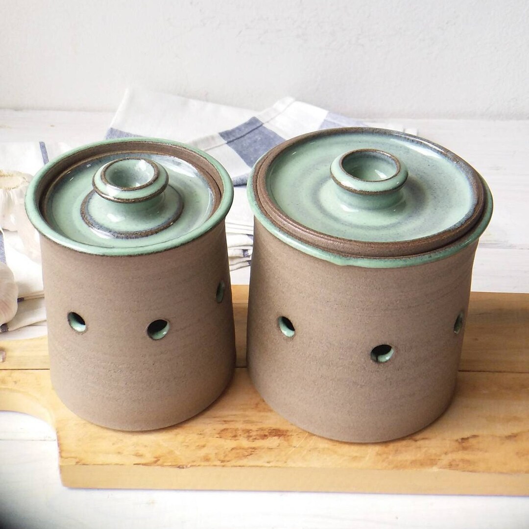 Large Ceramic Garlic Keeper, Green Gray Garlic Storage Container ...