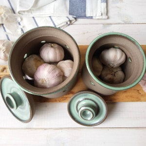 Large Ceramic Garlic Keeper, Green Gray Garlic Storage Container ...