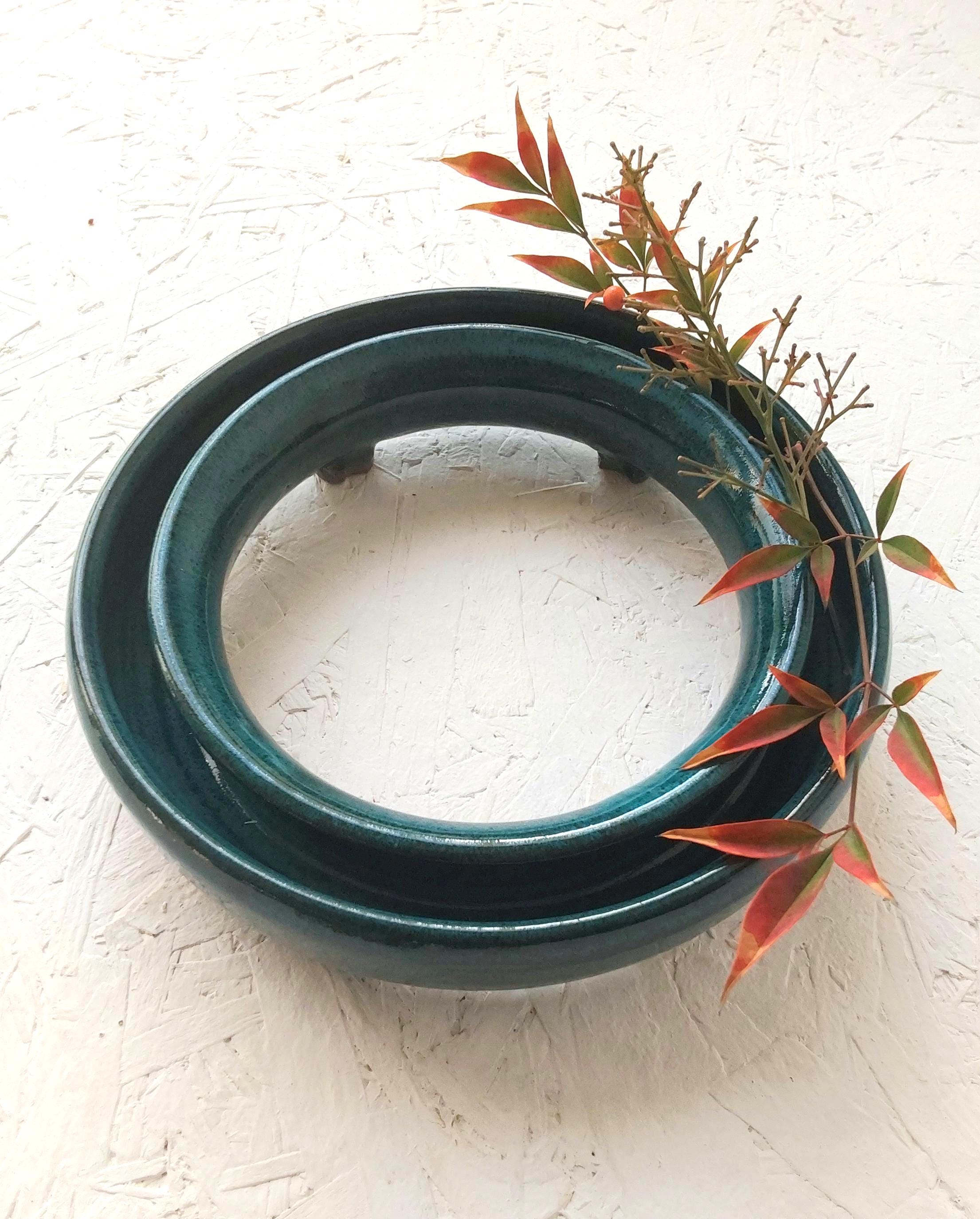 Dark Teal Clay Donut Vase, Rustic Ring Vase, Modern Round Ceramic Vase ...