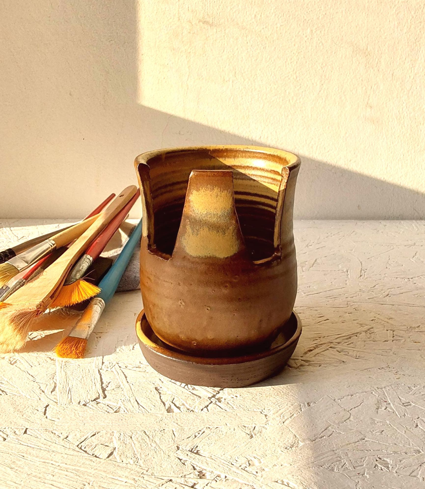 Makeup Brush Holder, Ceramic Brush Holder, Ochre Pottery, Brown Brush ...