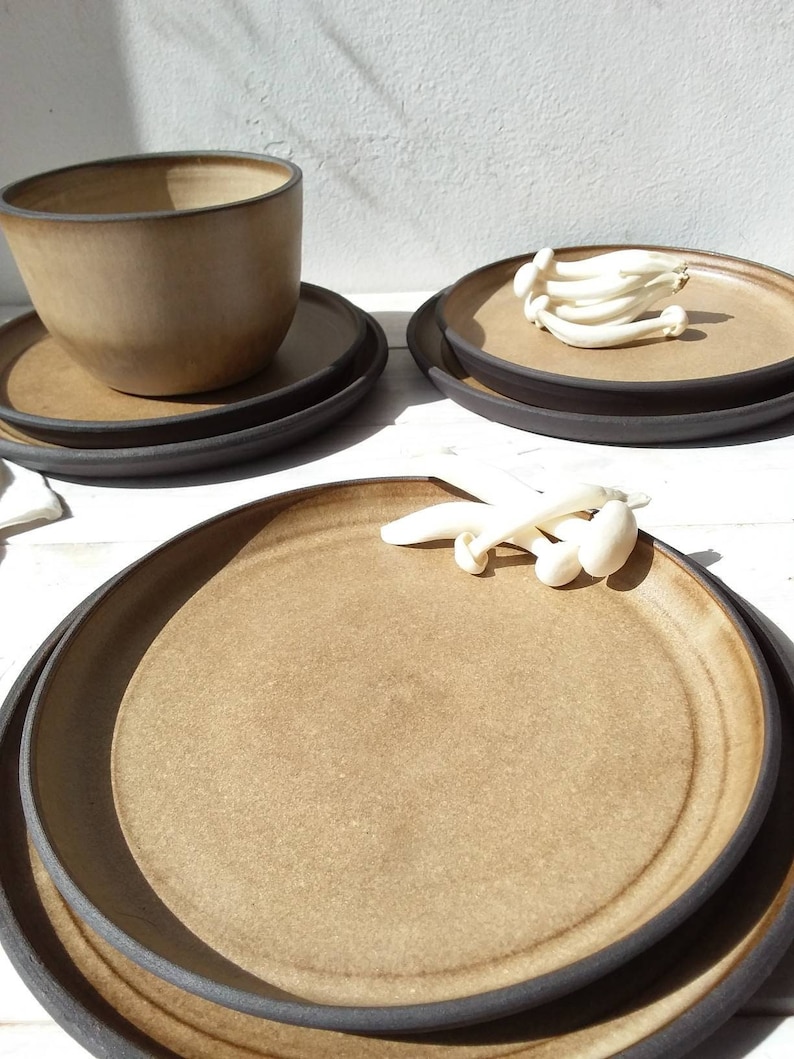 Brown and Black Stoneware Dinner Set, THREE or TWO PIECE Ceramic Dinner ...