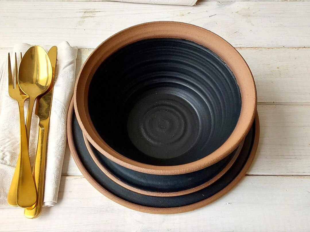 Black Stoneware Dinner Set, THREE PIECE Tan and Black Ceramic Dinner ...