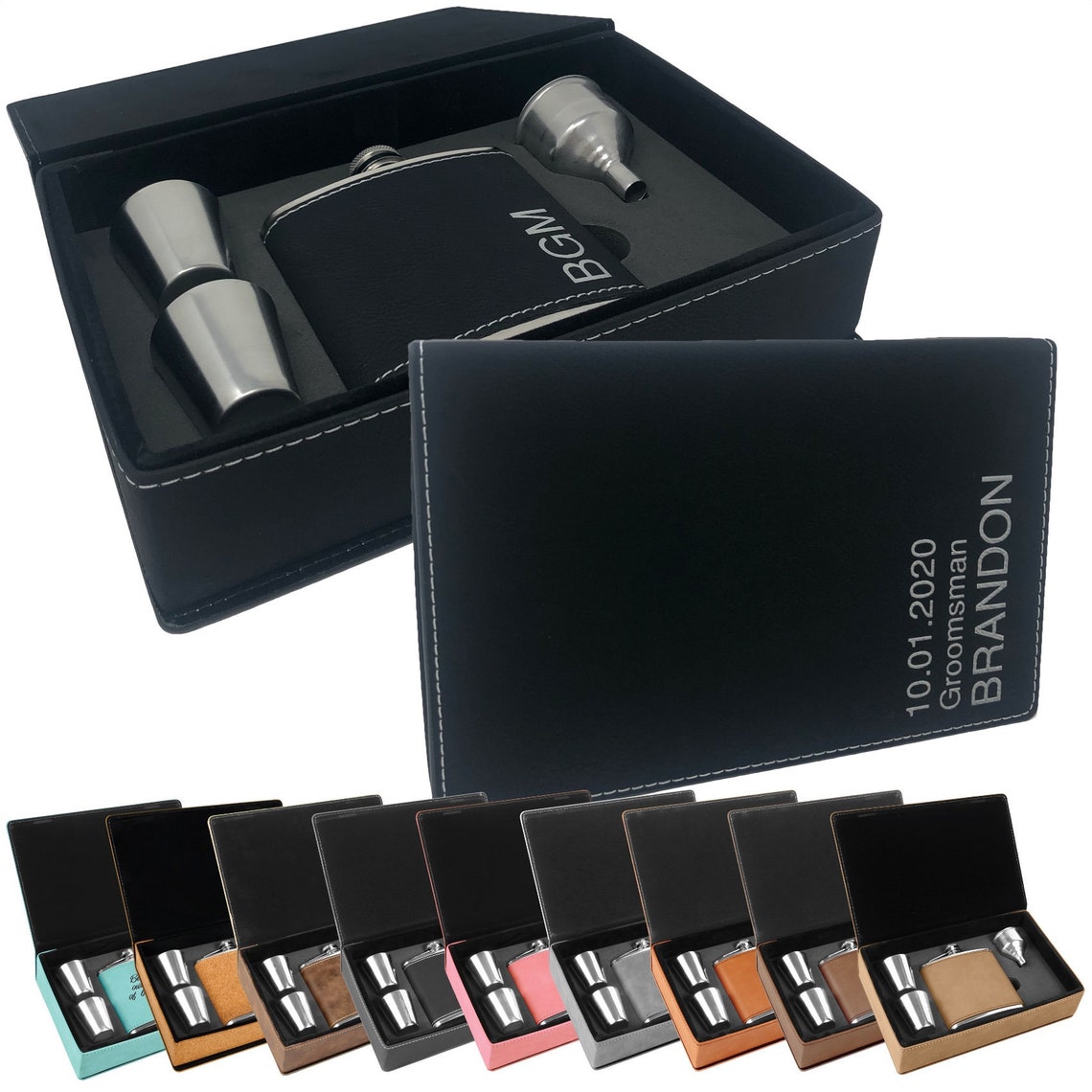 Personalized Design Leatherette Flask Set - Free Engraving on Leather ...