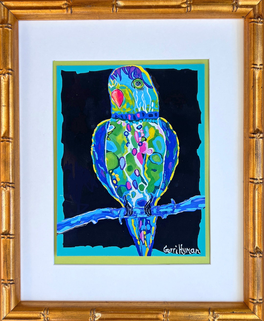 Colorful Parrot Art, Parrot Painting in Gold Bamboo Frame, Tropical ...