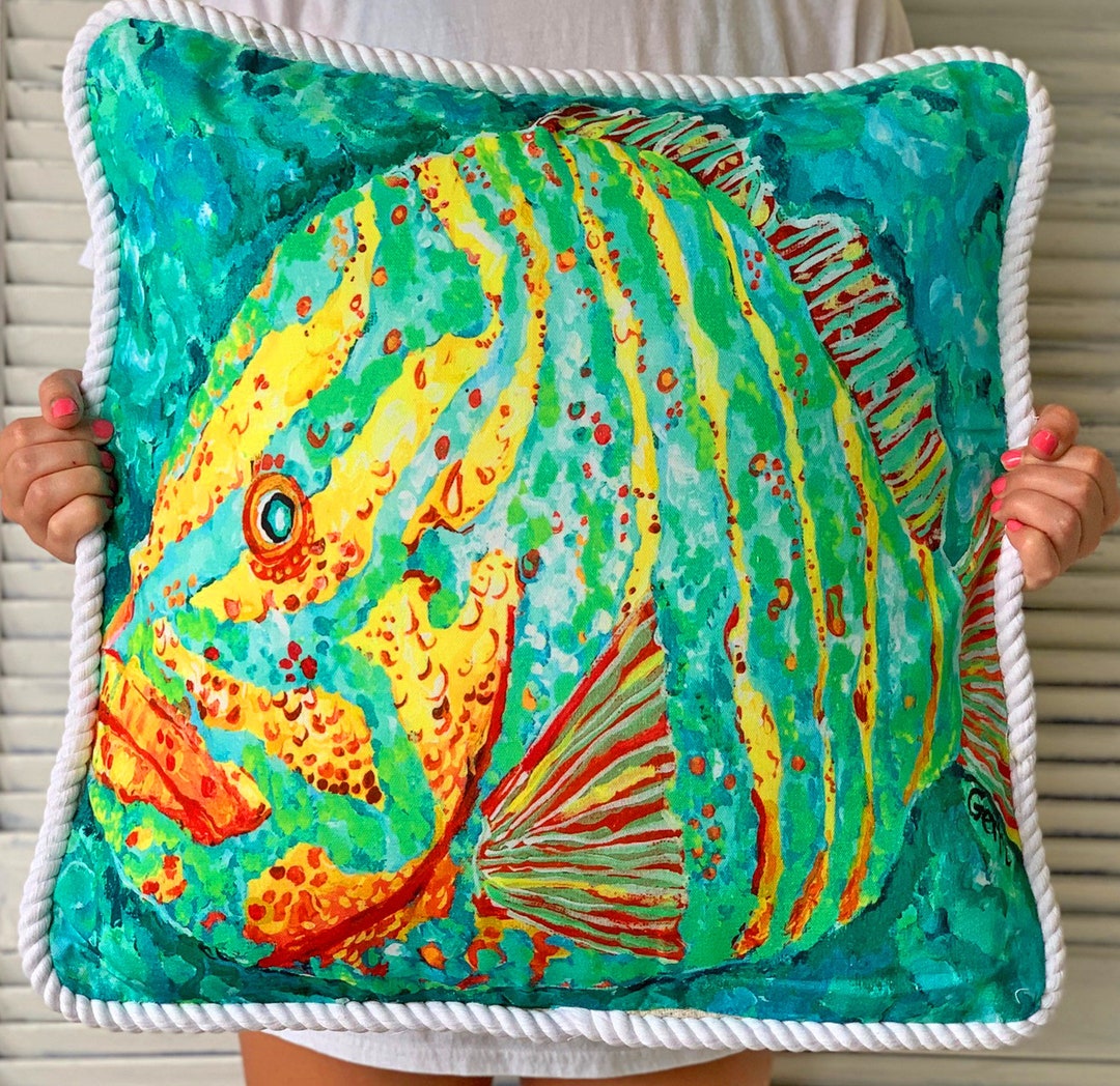 Coastal Pillow With Tropical Fish for Beach House Decor, Fish Pillow ...