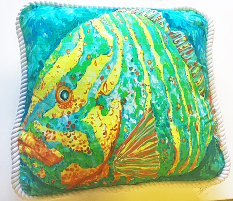 Coastal Pillow With Tropical Fish for Beach House Decor, Fish Pillow ...